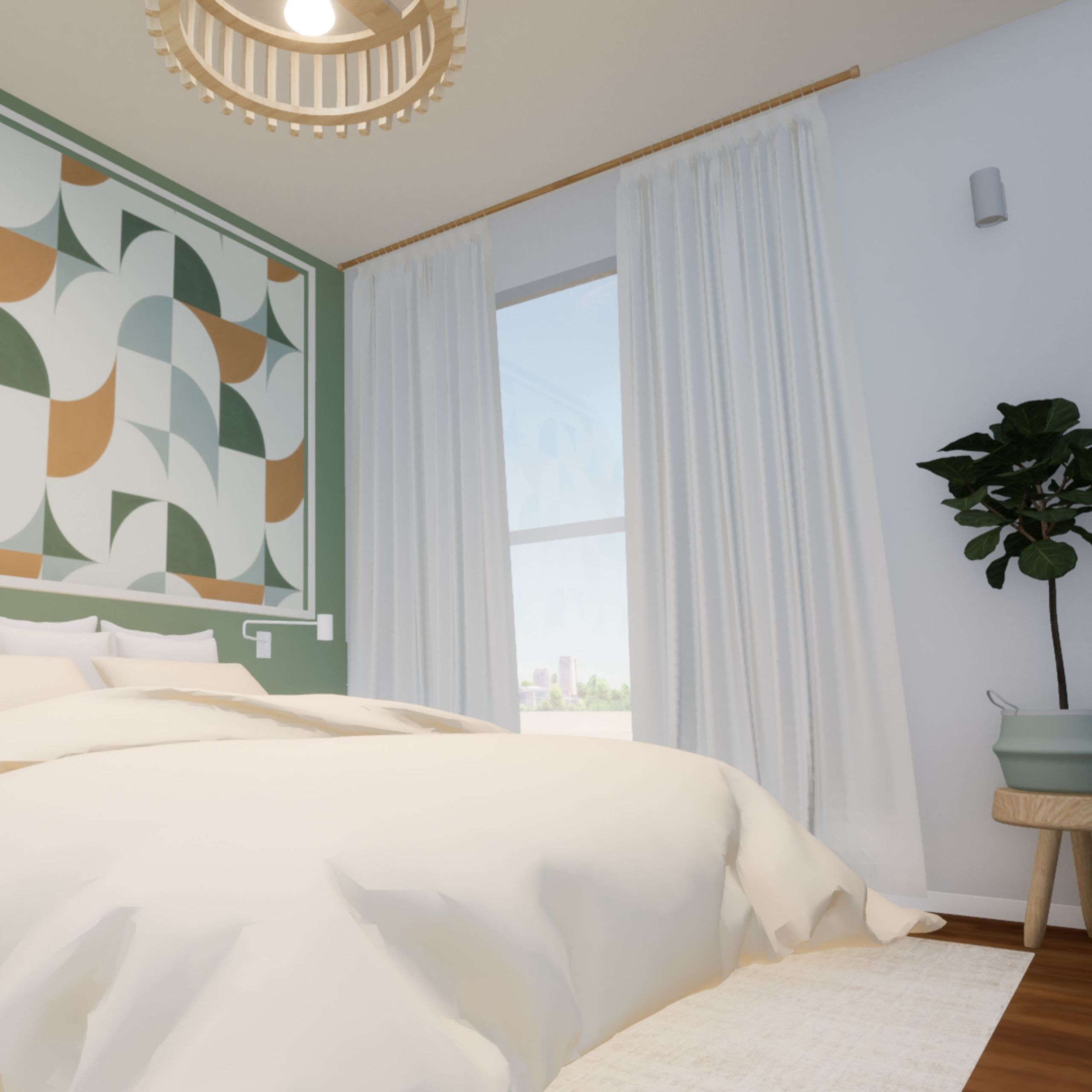 Chambre 3D VERT SAUGE - Design et décoration d'intérieur : CAROLINE IYOLO